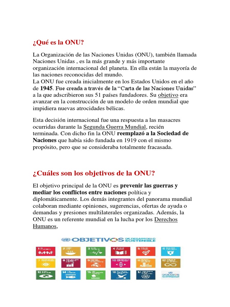 ¿Qué Es La ONU?: ¿Cuáles Son Los Objetivos de La ONU? | PDF | Naciones Unidas | Relaciones ...