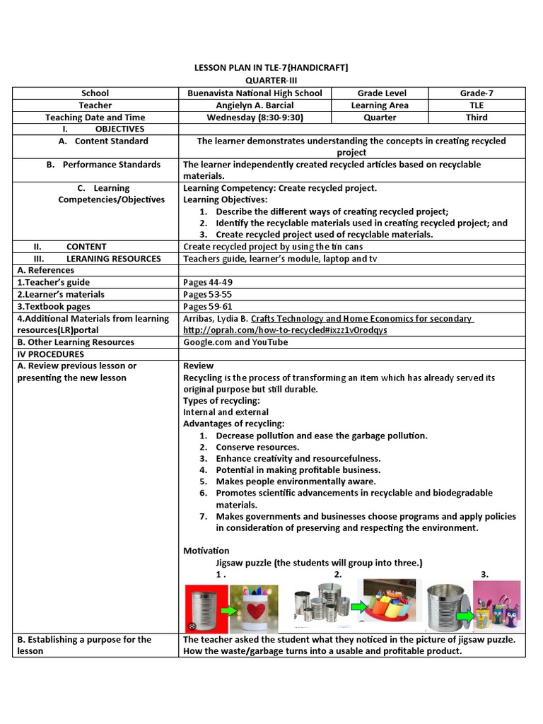 Lesson Plan in Tle | PDF | Recycling | Learning