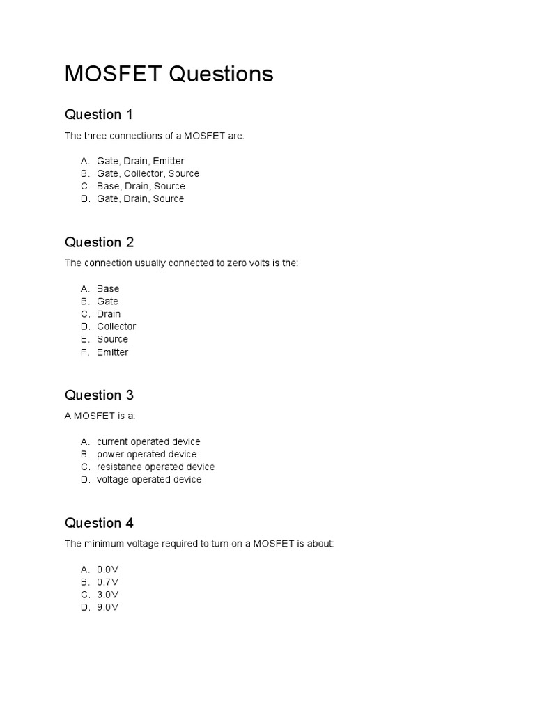 MOSFET Quiz: Questions and Answers | PDF | Computers