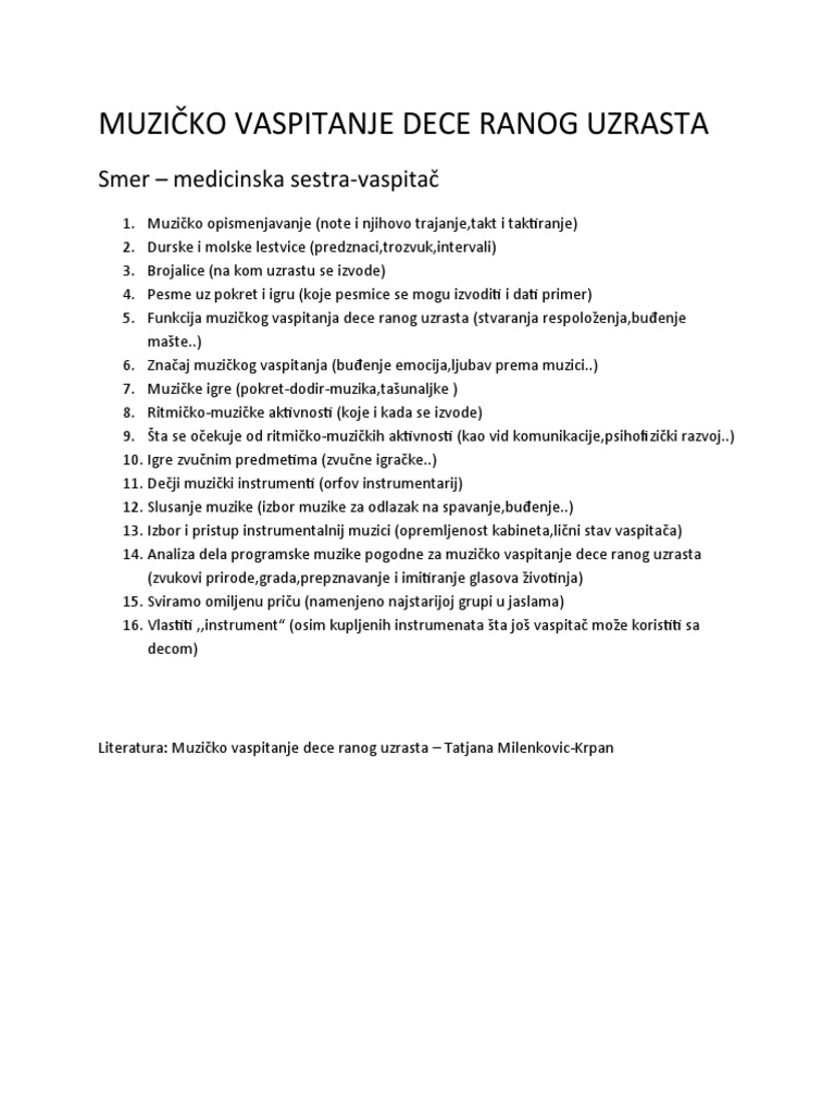 Muzicko Vaspitanje Dece Ranog Uzrasta | PDF