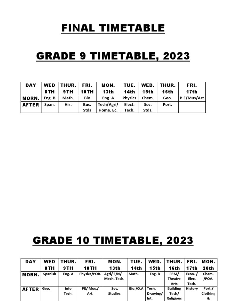 Corrected Individualised Timetable For Grade 9, 10, 12 &13 | PDF
