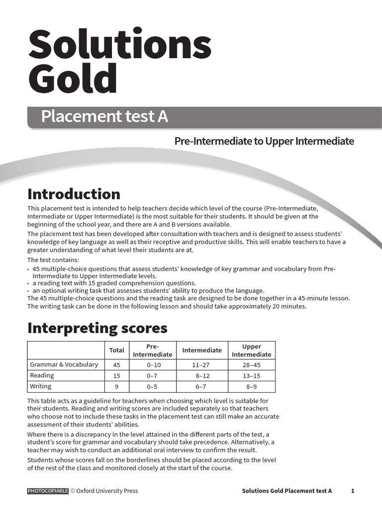 Solutions Gold Placement Test A | PDF | Middle Schools | Multiple Choice