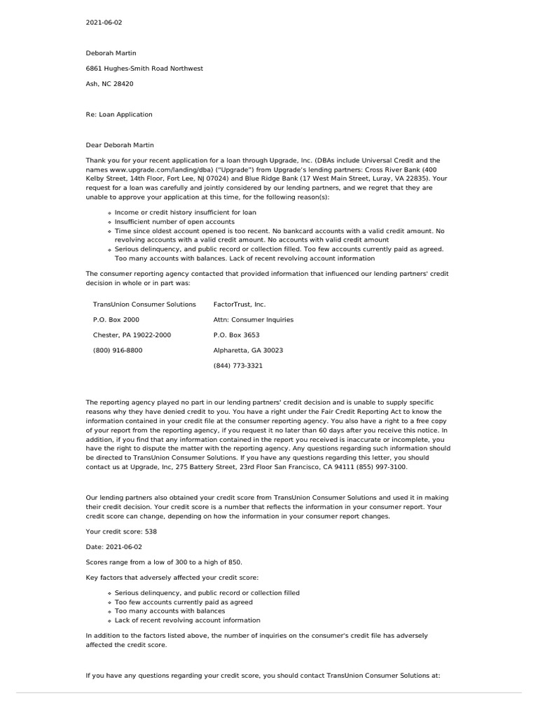 Adverse Action Notice | PDF | Credit Score | Credit