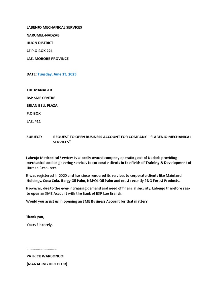 BSP Letter of Request to Open Business Account (Labenjo) | PDF