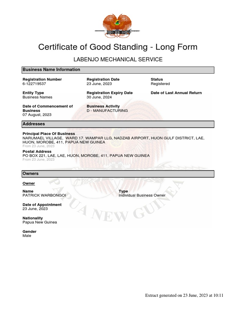 2023-Certificate of Good Standing Business Names - Long Form | PDF