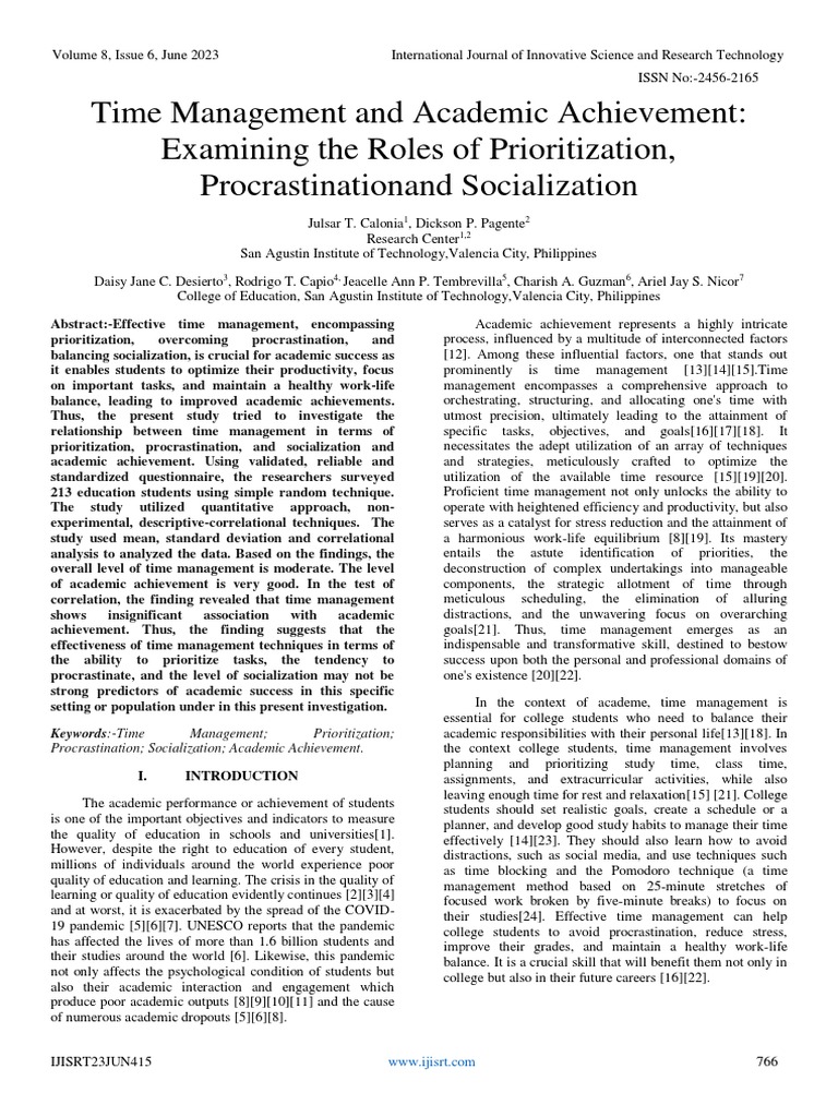 Time Management and Academic Achievement: Examining The Roles of Prioritization, Procrastination ...