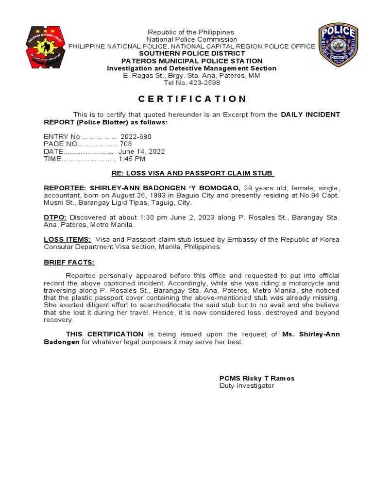 Police Report Loss Passport Stub | PDF