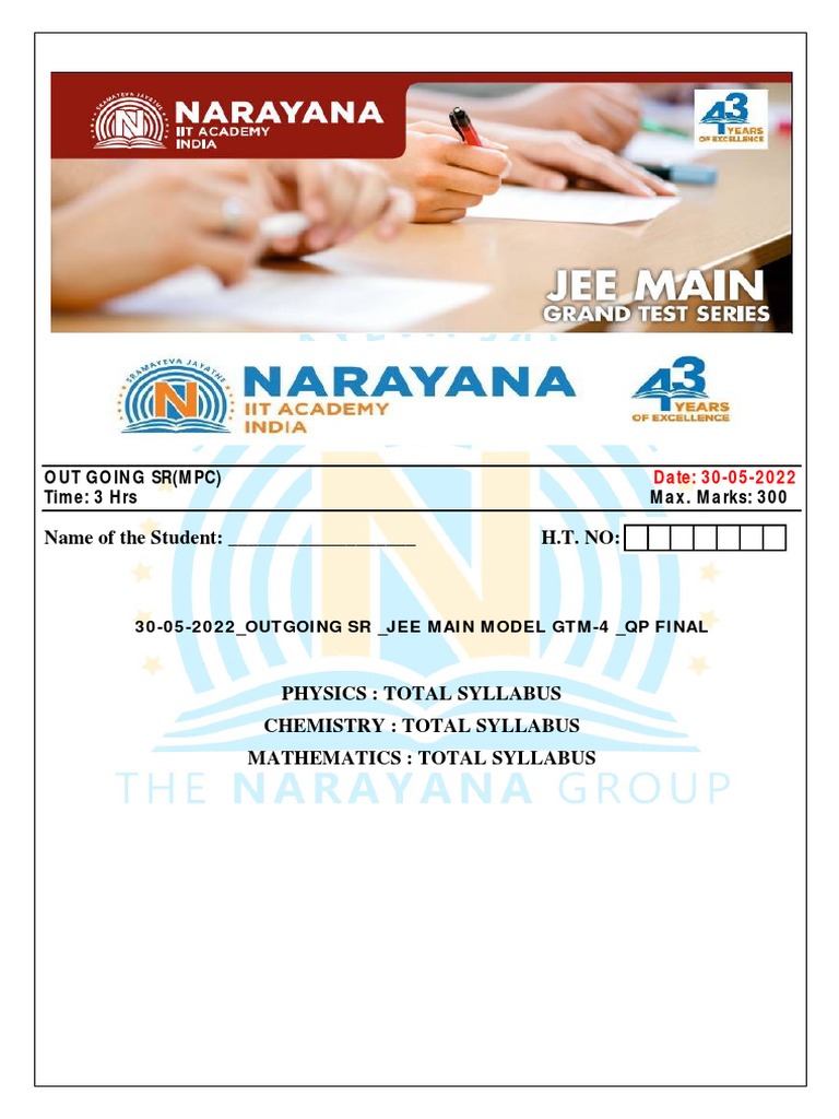 Narayana_30_05_2022_OUTGOING_SR_JEE_MAIN_MODEL_GTM_4_QP_FINAL_Ques | PDF | Waves | Amplitude