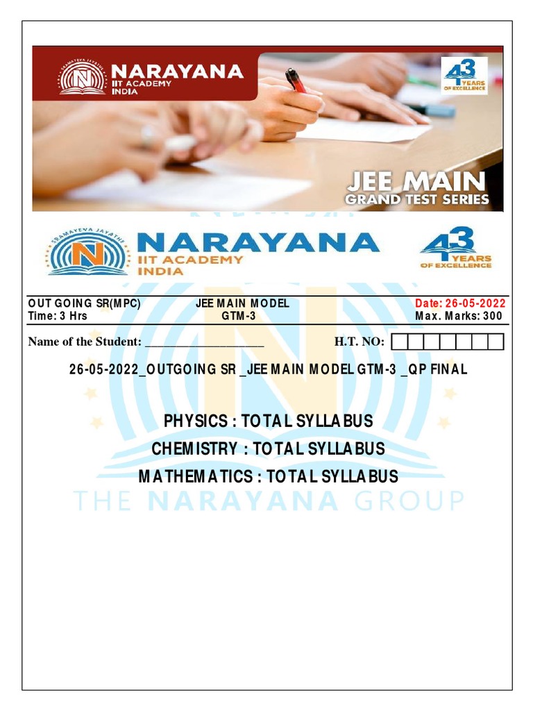 Narayana 26 05 2022 OUTGOING SR JEE MAIN MODEL GTM 3 QP FINAL Ques | PDF | Acid | Electron