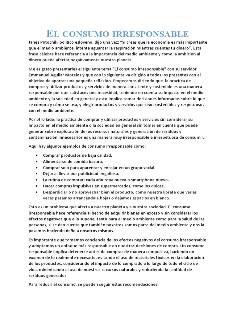 Discurso Sobre El Consumo Irresponsable | PDF | Consumo (economía ...