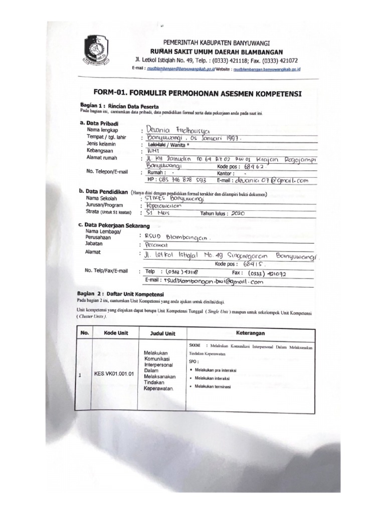 Form 1 Assesmen Kompetensi Perawat | PDF