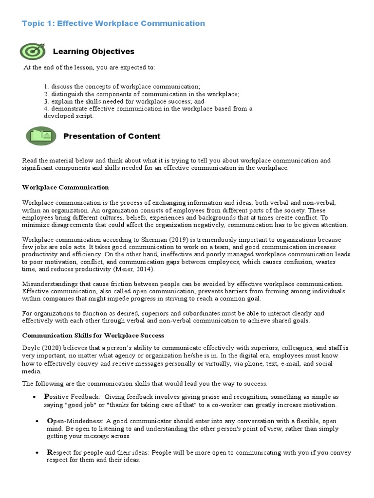 Topic 1 Effective Workplace Communication | PDF | Communication ...