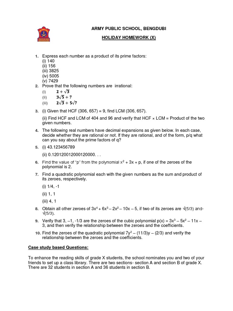Class X Maths Holiday Homework | PDF | Numbers | Factorization
