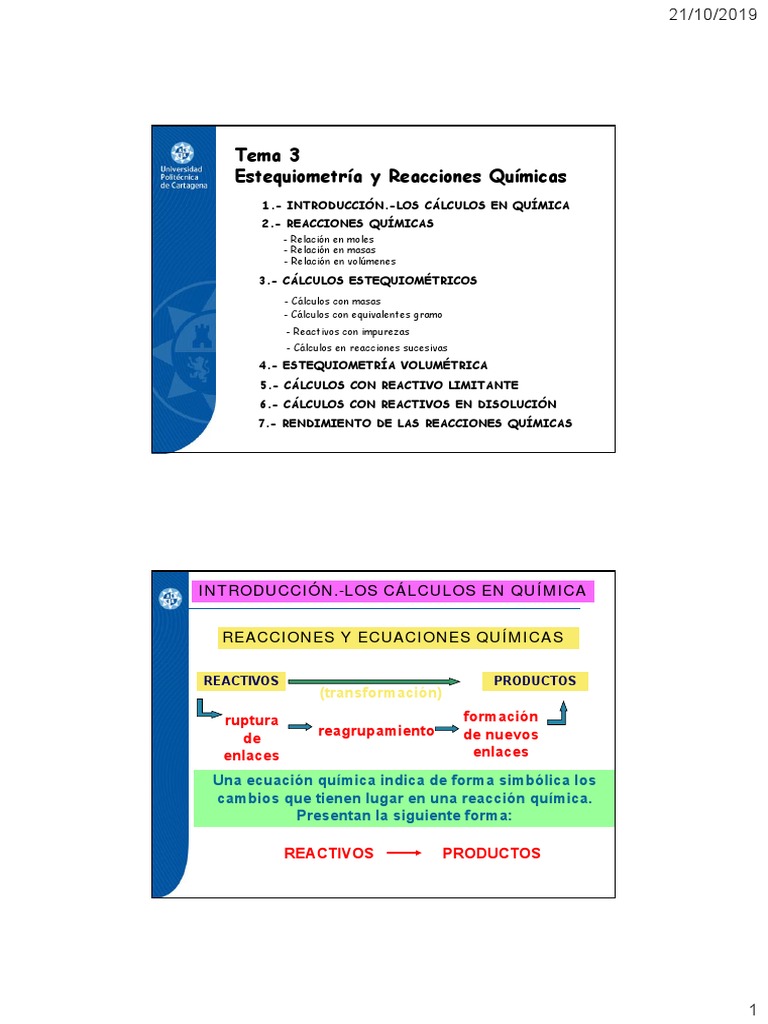Tema 3 Estequiometria Y Reacciones Alumnos 1 Pdf Estequiometría