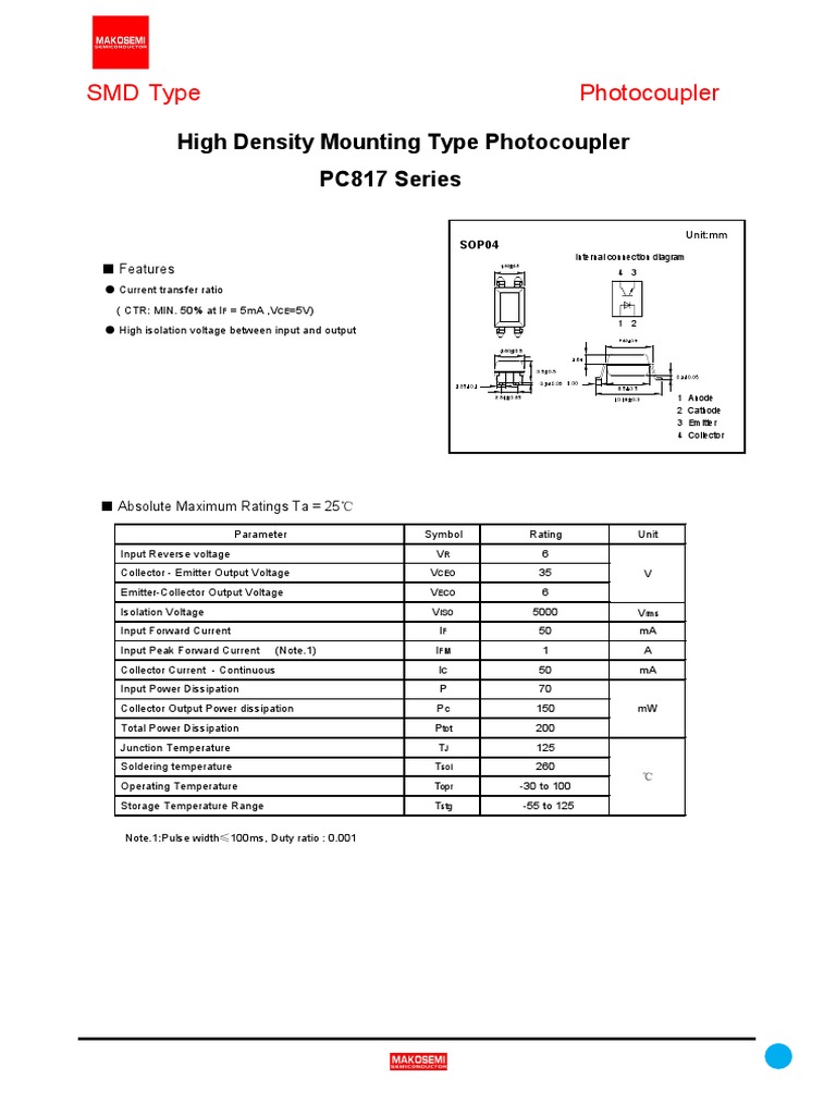 PC817 Datasheet | PDF | Physical Quantities | Electrical Engineering