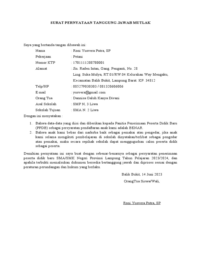 Surat Pernyataan Tanggung Jawab Mutlak PPDB Sma | PDF