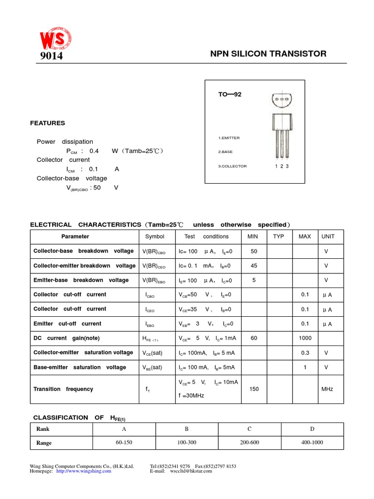 9014 Datasheet | Download Free PDF | Bipolar Junction Transistor | Electrical Circuits