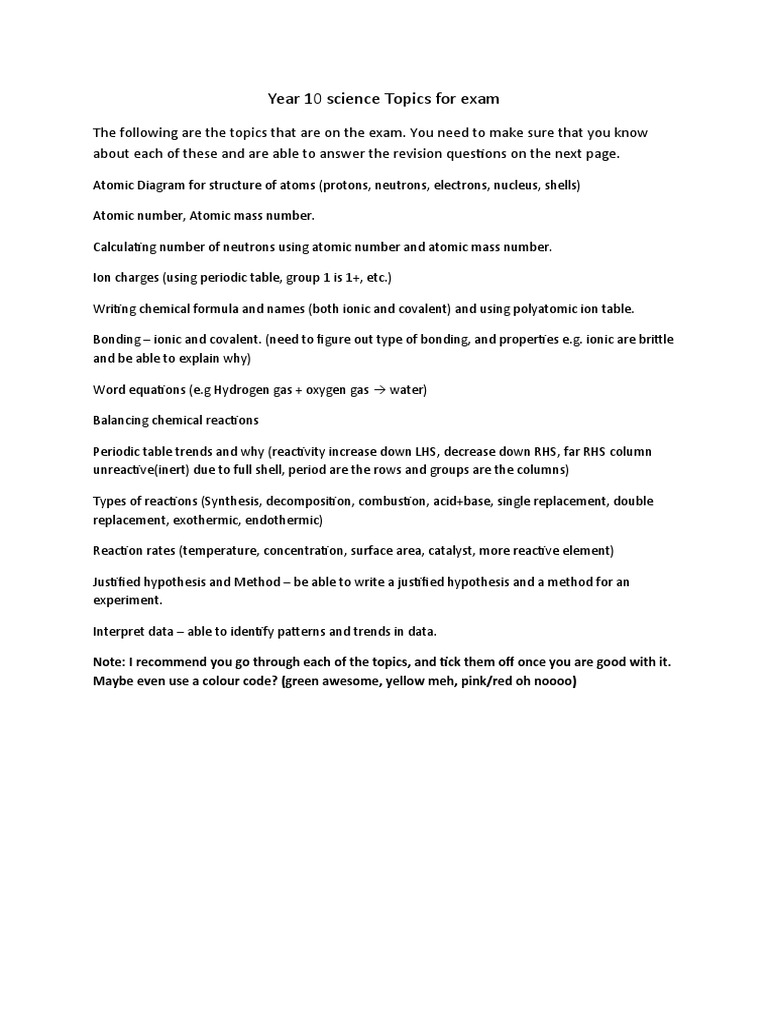 Year 10 Chemistry Exam Topics Guide | PDF | Ionic Bonding | Chemical ...
