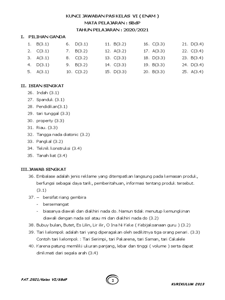 KUNCI JAWABAN PAT SBDP KLS 6 FIX | PDF