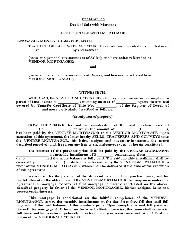 FORM NO. 66 Deed of Sale With Mortgages | PDF | Mortgage Law | Foreclosure
