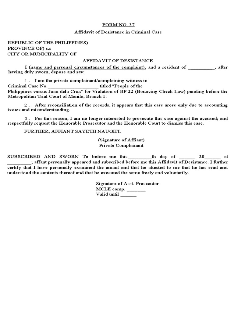 FORM NO. 37 Affidavit of Desistance in Criminal Case | PDF