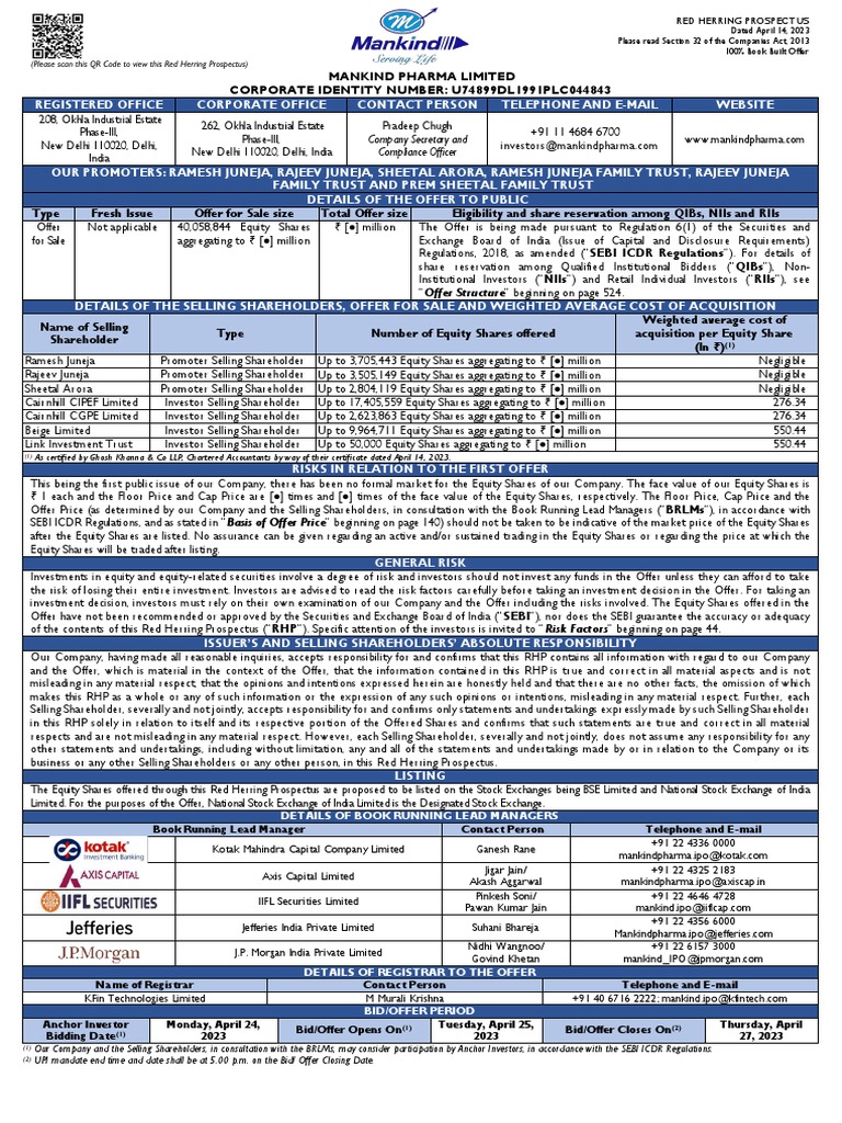 Mankind Pharma Limited RHP | PDF | Stocks | Investing