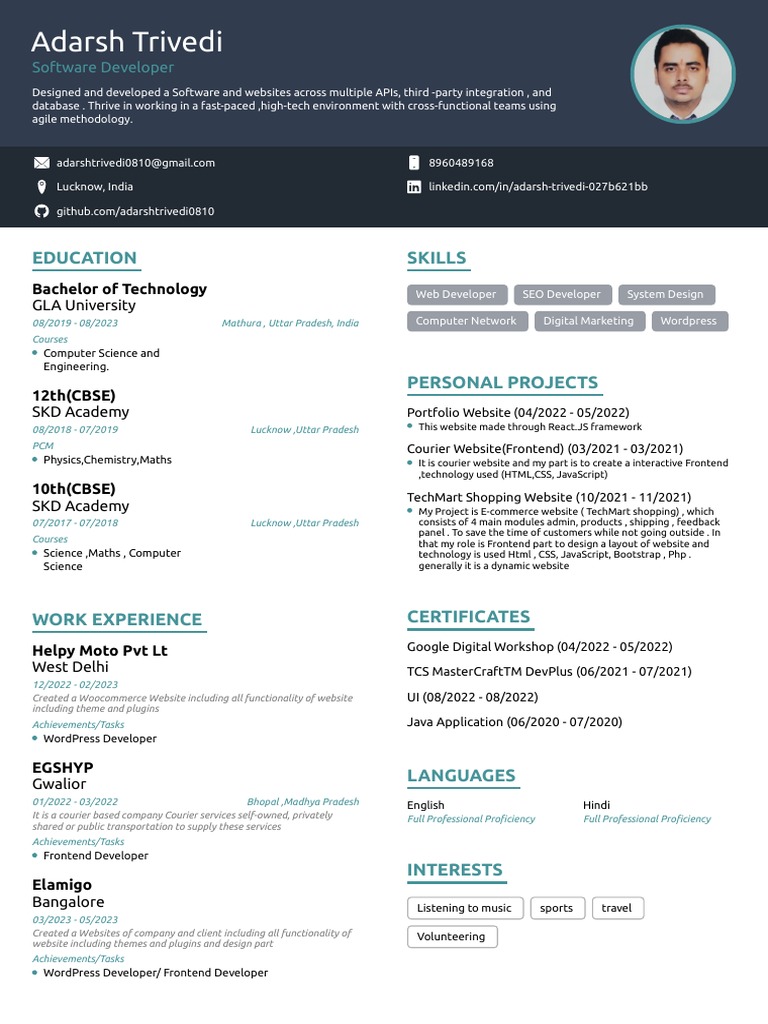 Adarsh's Resume | Download Free PDF | Websites | Word Press