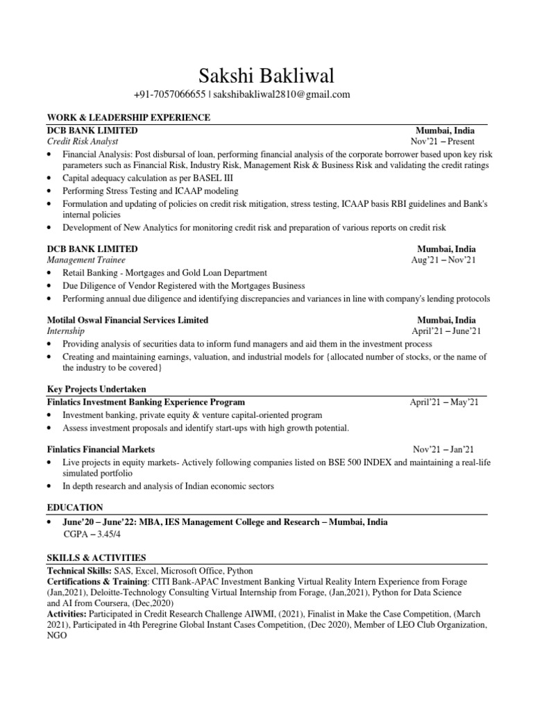 CV-Sakshi Bakliwal-3 | PDF | Investing | Banks