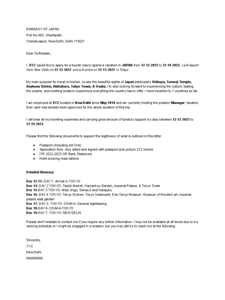 Japan Tourist Visa Application Letter | PDF