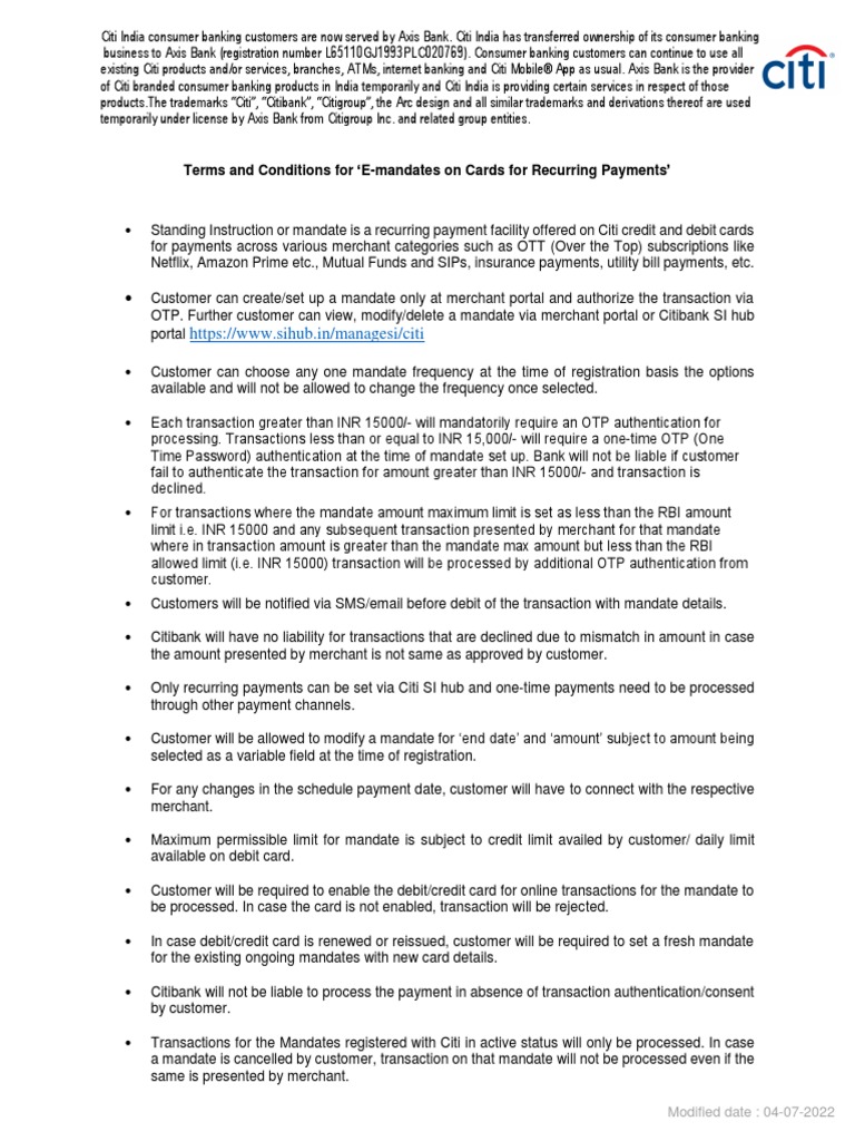 E Mandates On Cards For Recurring Transactions TNC | PDF | Debit Card ...