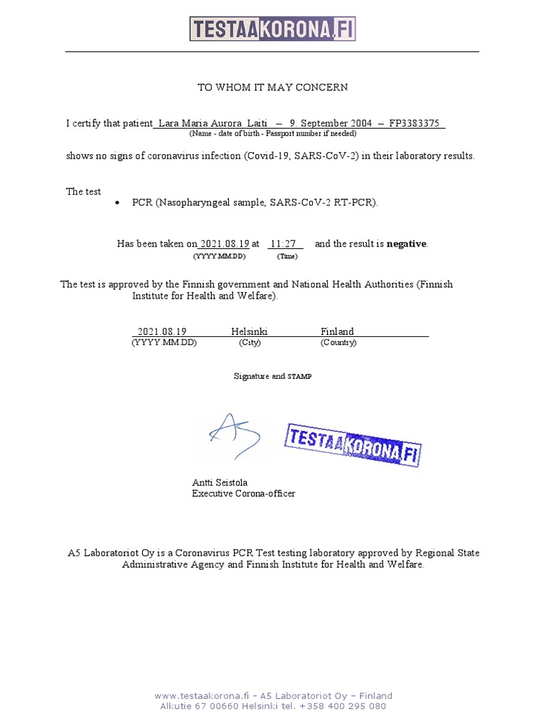 Negative Corona Certificate LaraL_19.08.2021 | PDF