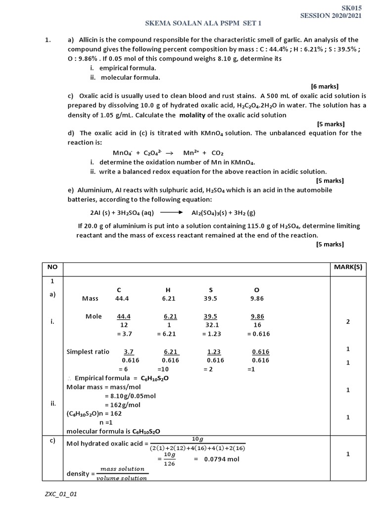 SKEMA - SOALAN ALA FORMAT PSPM I Set 1 SK015 2020 | PDF | Chemical ...