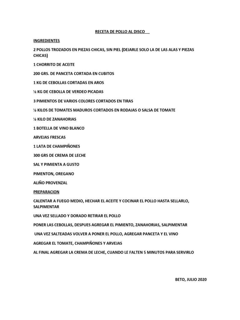 Receta De Pollo Al Disco Pdf