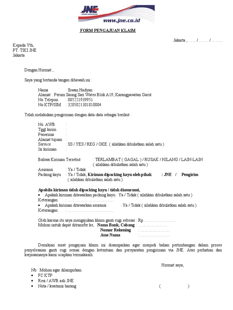 Formulir Klaim Ganti Rugi JNE | PDF