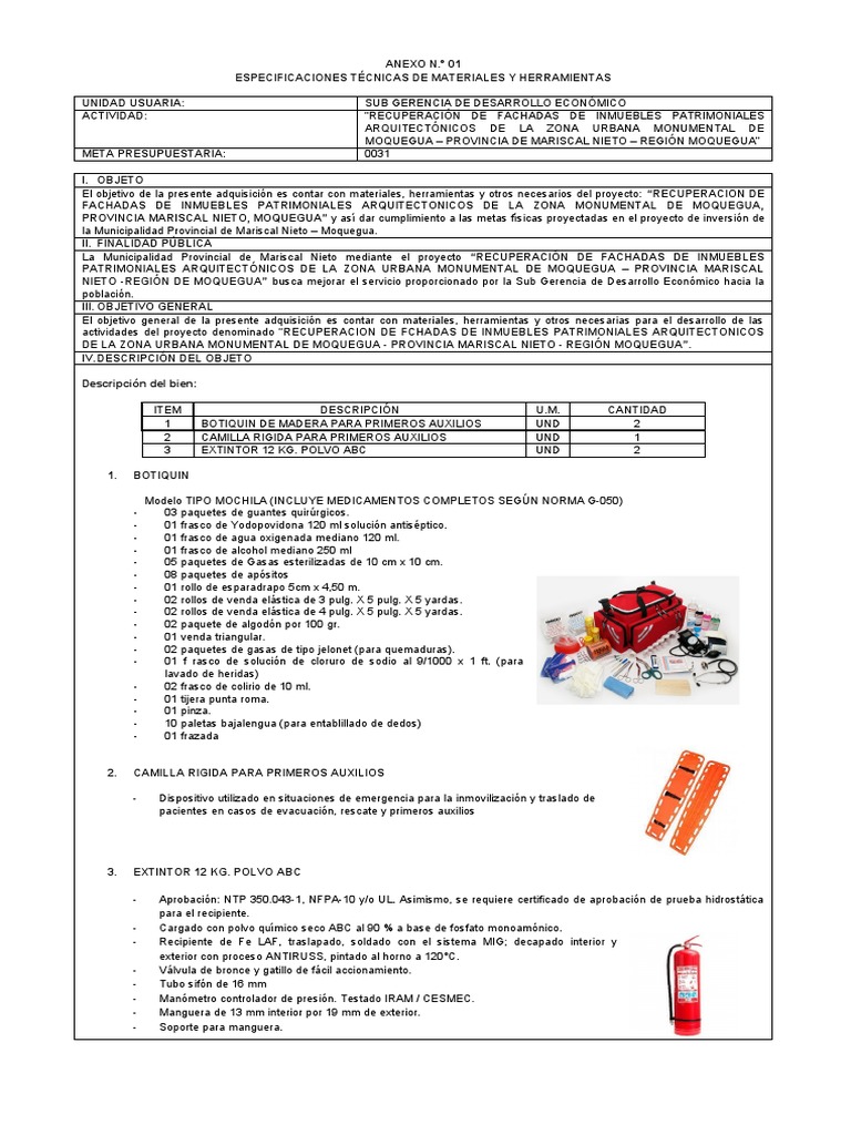 02 - EETT MATERIALES Y HERRAMIENTAS Req. N.° 10054 - SEGURIDAD Y SALUD | PDF | Materiales | Química