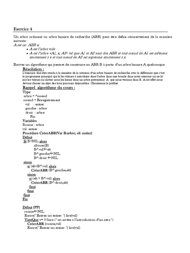 Exercice sur les arbres binaires de recherche | PDF | Informatique ...