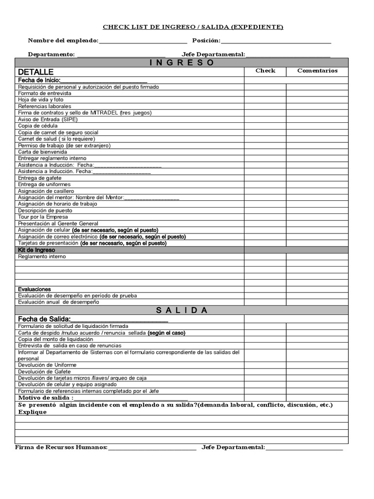 Check List de Ingreso-Salida Expediente Psicología Industrial Recursos ...