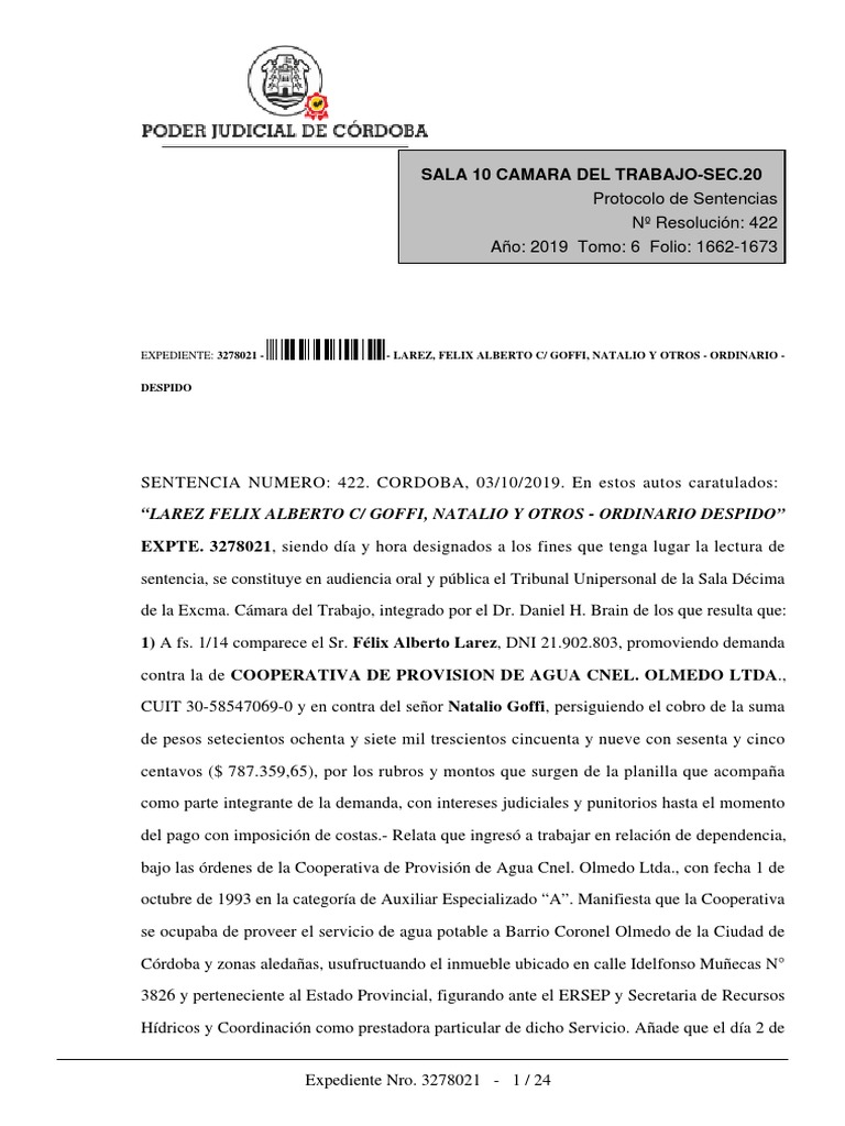 Sentencia Laboral | PDF | Cooperativa | Sentencia (ley)