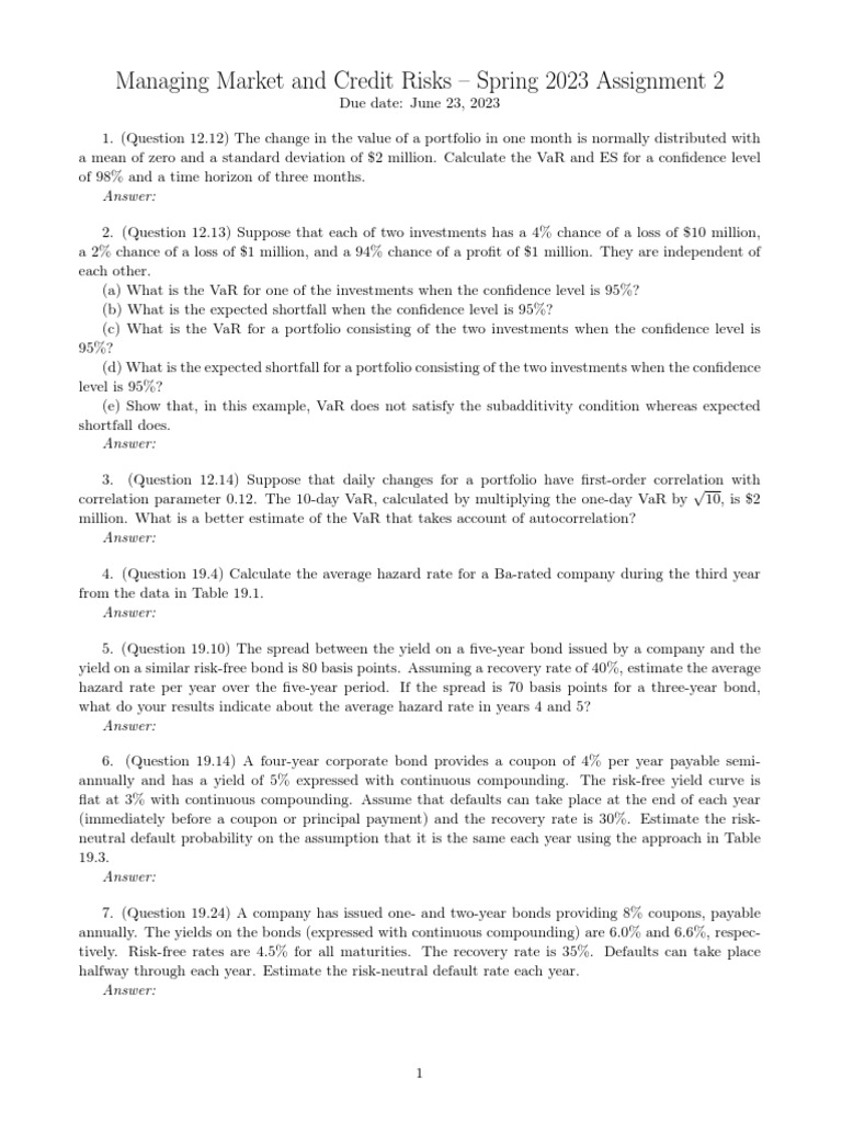 Assignment 2 Answer Key Pdf Bonds Finance Value At Risk