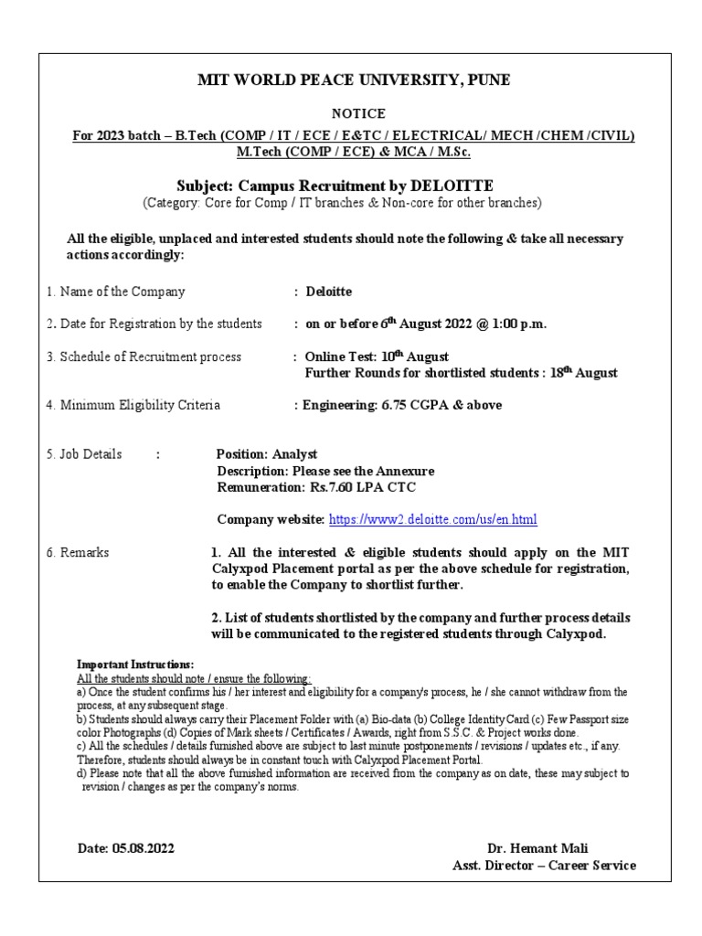 Deloitte - Notice 2023 Batch | PDF | Consultant
