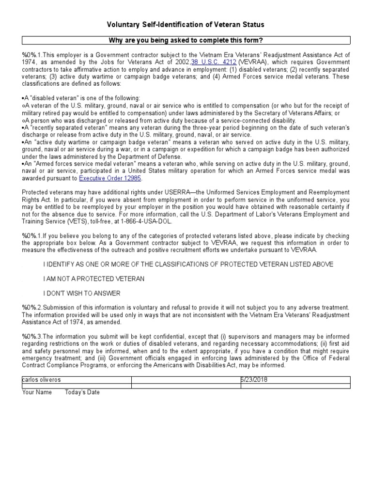 Veteran Status Self-Identification Form | PDF | Employment | Veteran