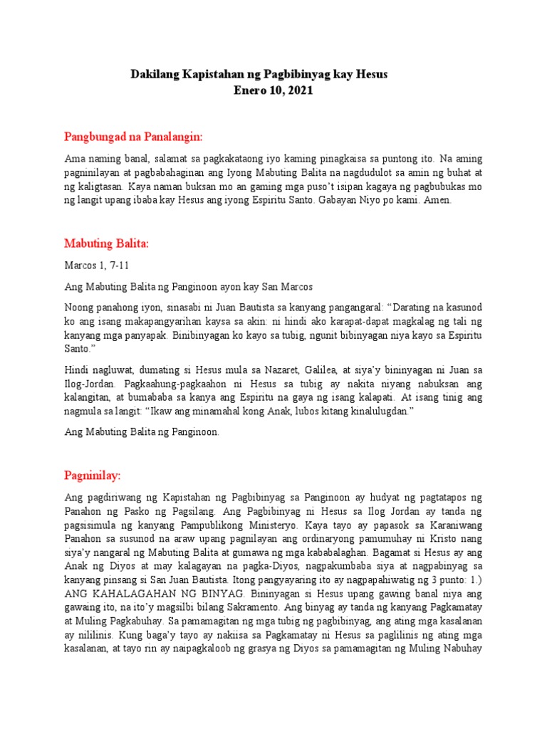 Dakilang Kapistahan ng Pagbibinyag kay Hesus Enero 10, 2021 | PDF