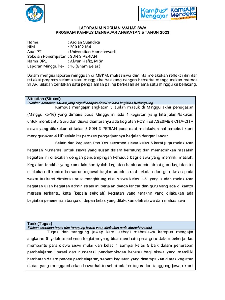 Laporan Minggu Ke 16 Kampus Mengajar Angkatan 5_Ardian Suandika_SDN 3 PERIAN_compressed | PDF