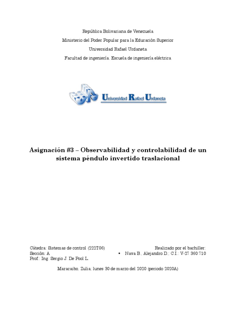 Asignación #3 - Observabilidad y Controlabilidad de Un Sistema Péndulo ...