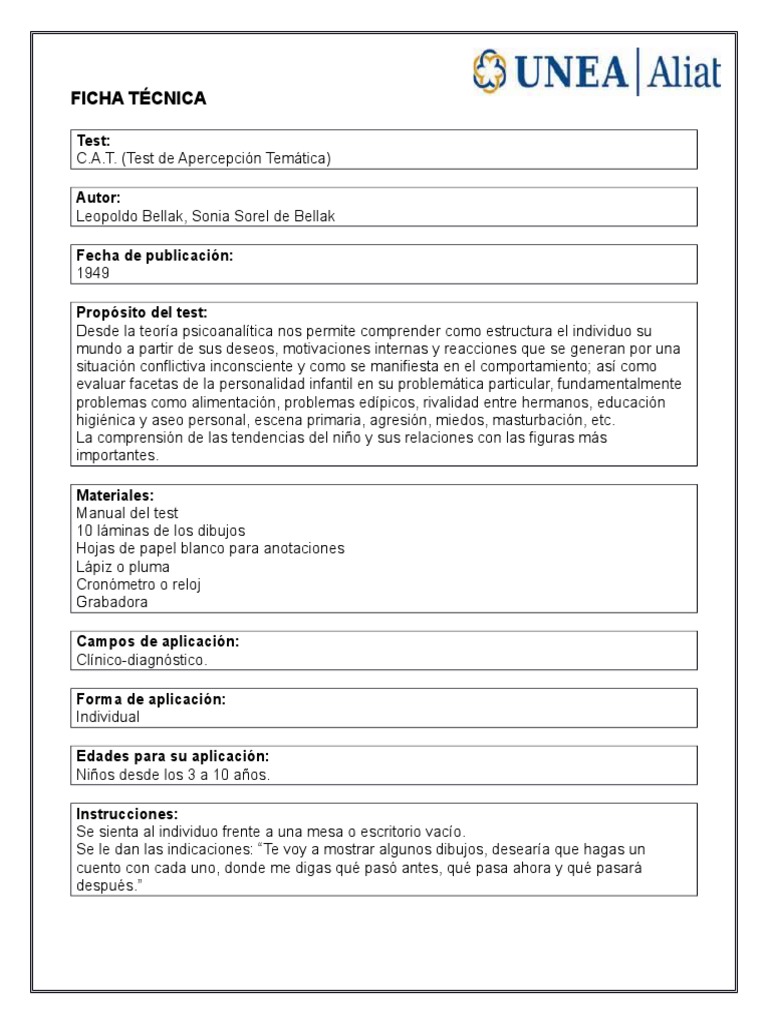 Ficha Tecnica Test de Cat | Descargar gratis PDF | Ciencias del ...
