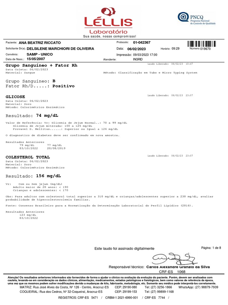 Grupo Sanguíneo: B Fator Rh/D..... : Positivo | PDF | Colesterol | Diabetes