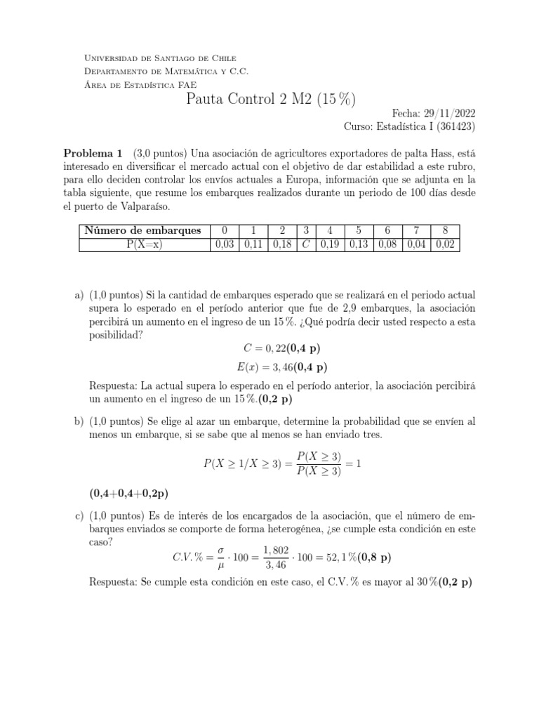 Pauta Control N°2 Estad. I 29.11.2022 | PDF | Teoría de probabilidad | Teoría estadística