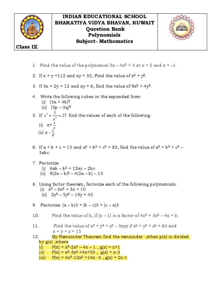 Question Bank - Polynomials | PDF | Mathematics Of Computing | Computational Science