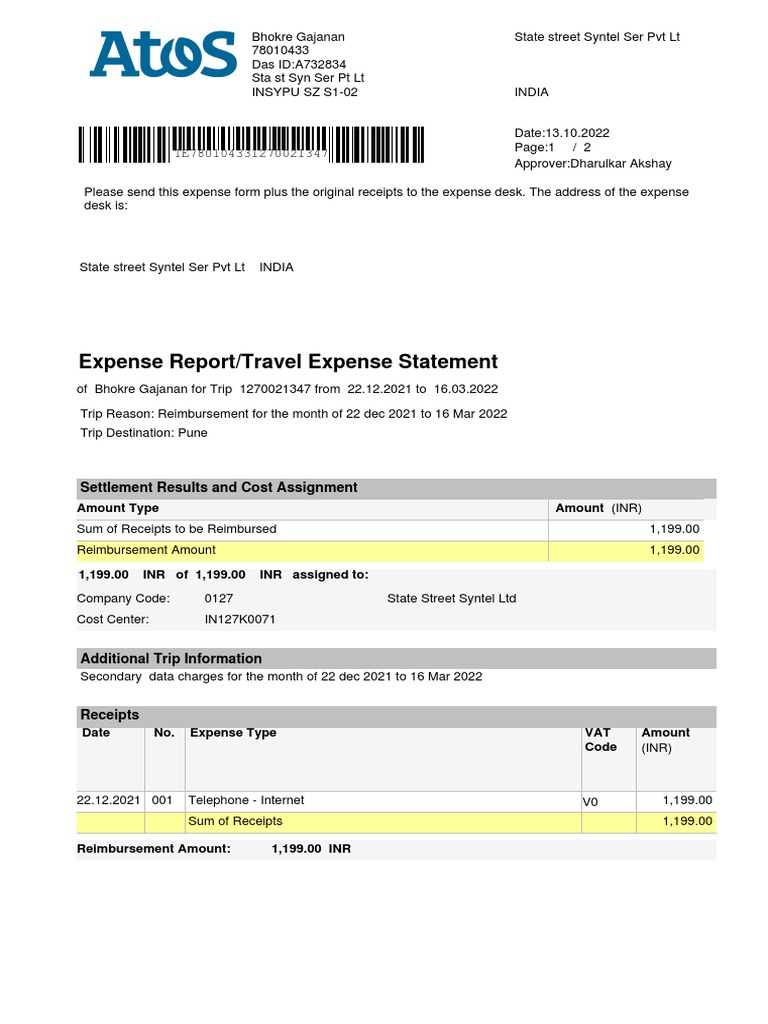 Expense Report/Travel Expense Statement: Settlement Results and Cost Assignment | PDF ...