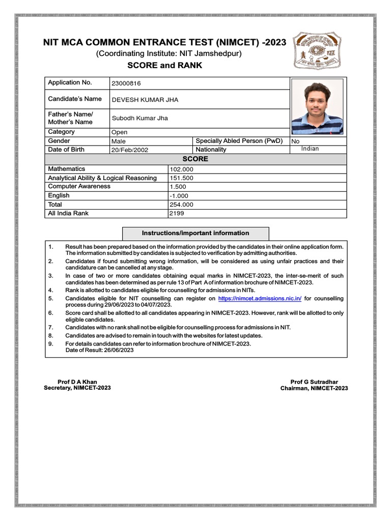 Nit Mca Common Entrance Test Nimcet 2023 Score And Rank Pdf